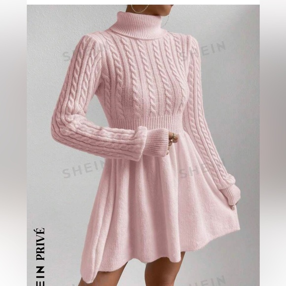 SHEIN | Dresses | Priv Cable Knit Turtleneck Pink Mini Sweater Dress | Poshmark